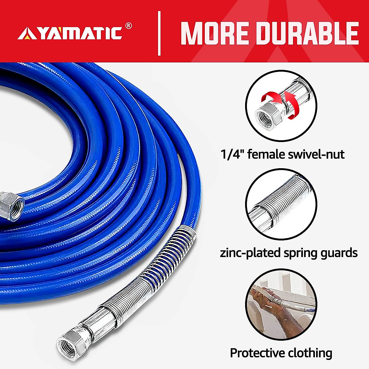 YAMATIC 50 ft. x 1/4 in. Airless Paint Sprayer Hose High Pressure Universal Paint Sprayer Flexible Fiber Tube 3300 PSI