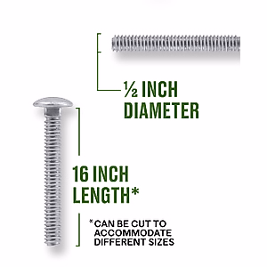 Hillman Group Galvanized Carriage Bolt 1/2” x 16”, 25 Count, Blunt Point, Alloy Steel, Self-Locking Round Head Fasteners, for Wood and Metal, No Washer Needed, Rust-Resistant (812642)