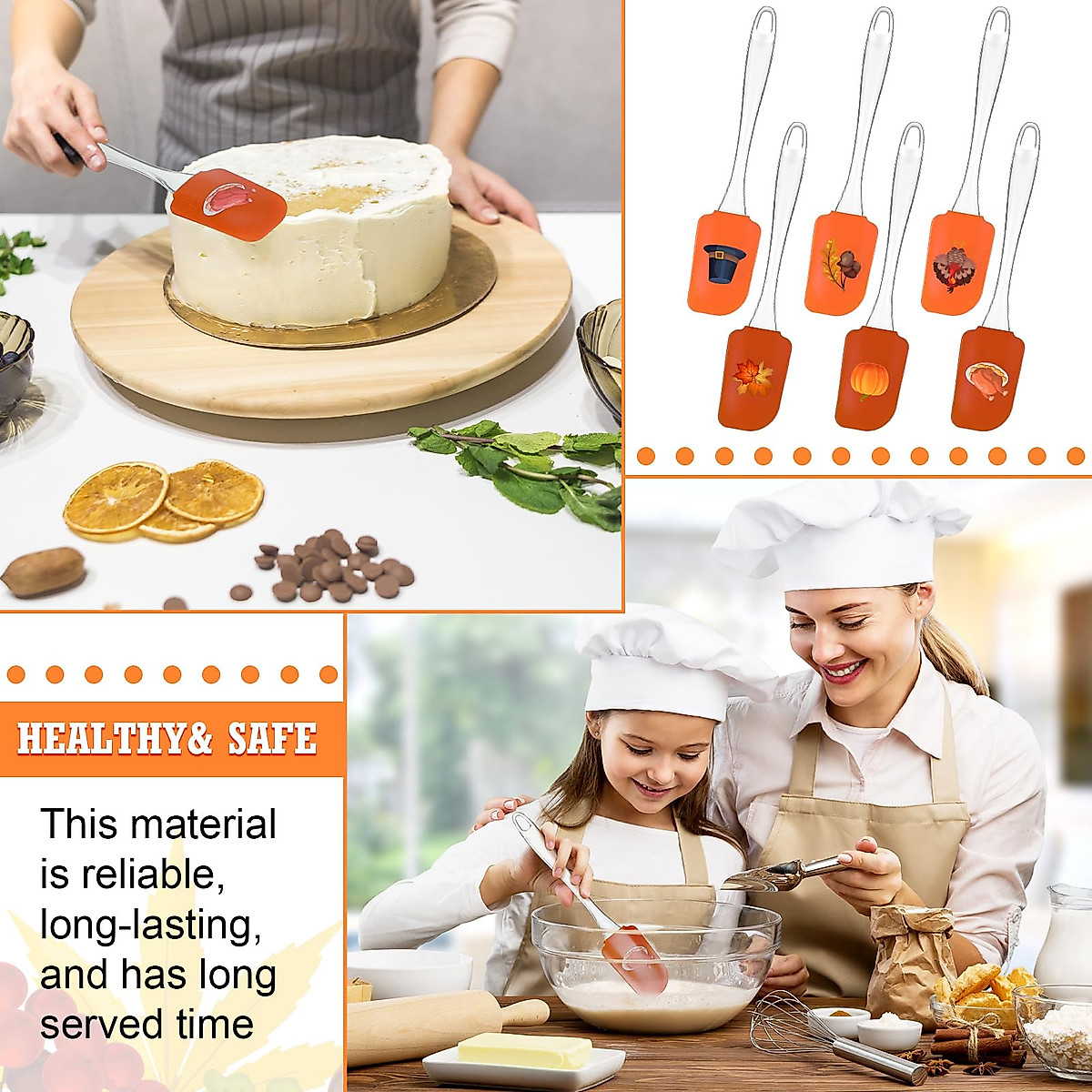 Hushee 6 Pcs Thanksgiving Silicone Spatula Turkey Pattern Holiday Spatulas Heat Resistant Cute Spatula with Plastic Handle Funny Silicone Scraper for Home Party Stir Butter Cream Cooking Utensils