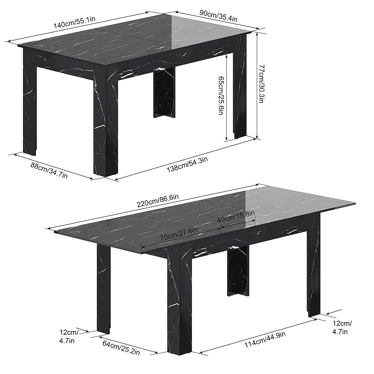 Fingertip WD Extendable Dining Table for 6-10 Person, Wooden Dining Room Table, Modern Extendable Table for Small Kitchens, Dining(Black Marble)