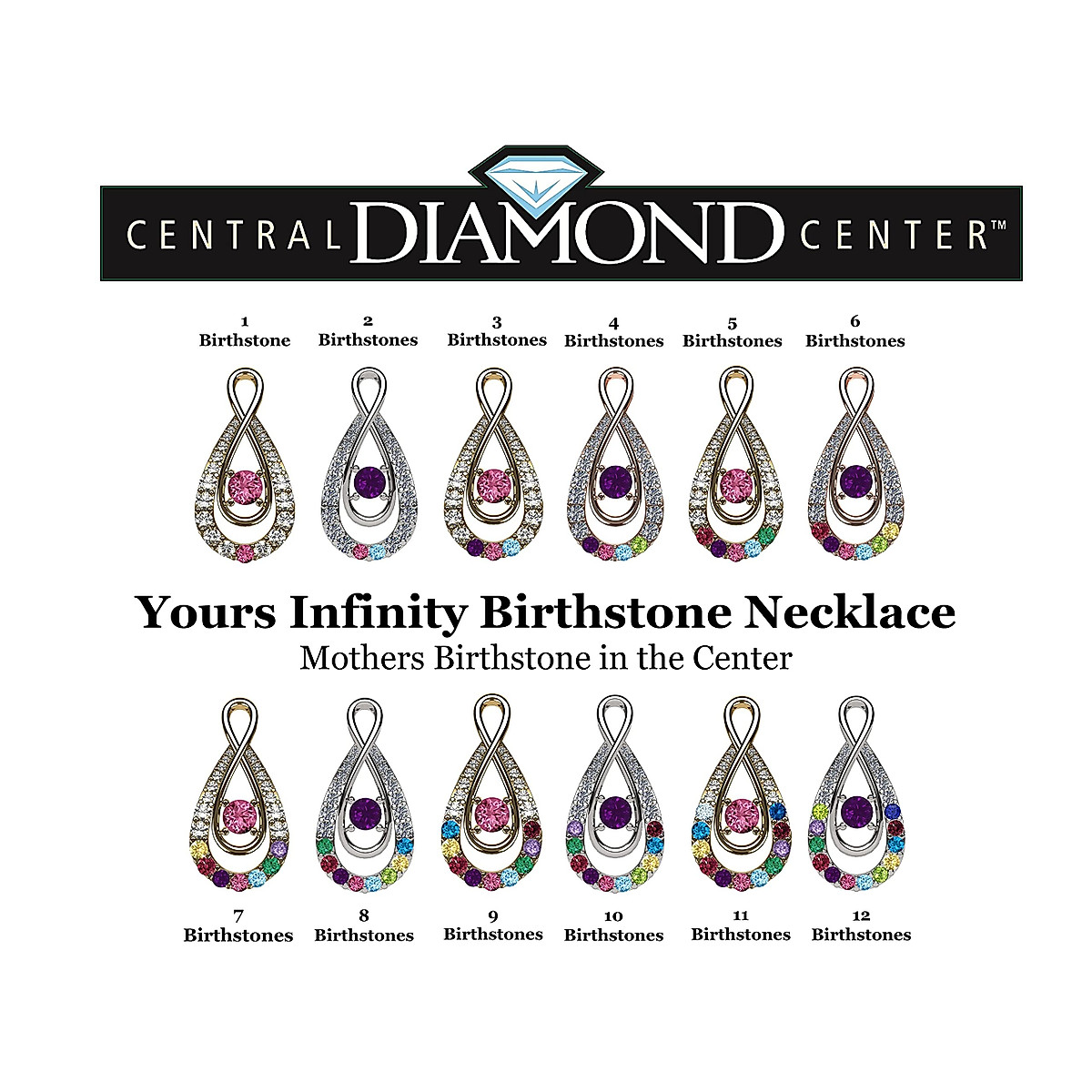 Central Diamond Center Yours Infinity Mother & Child Necklace 1 to12 stones w/ 1.00mm 22" Adj. Chain - Platinum Plated