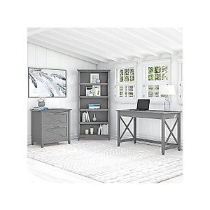 Bush Furniture Key West 48W Writing Desk with 2 Drawer Lateral File Cabinet and 5 Shelf Bookcase in Cape Cod Gray