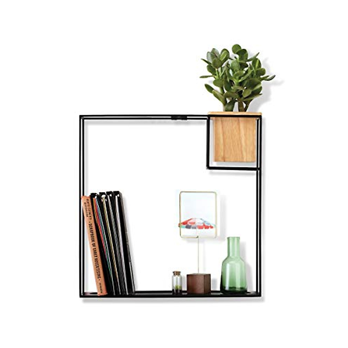 Umbra Cubist Floating Shelf with Built-In Succulent Planter – Modern Wall Décor and Geometric Display Shelf for Books, Candles, Mementos, Photos, Indoor Plants and More! | Large, Black