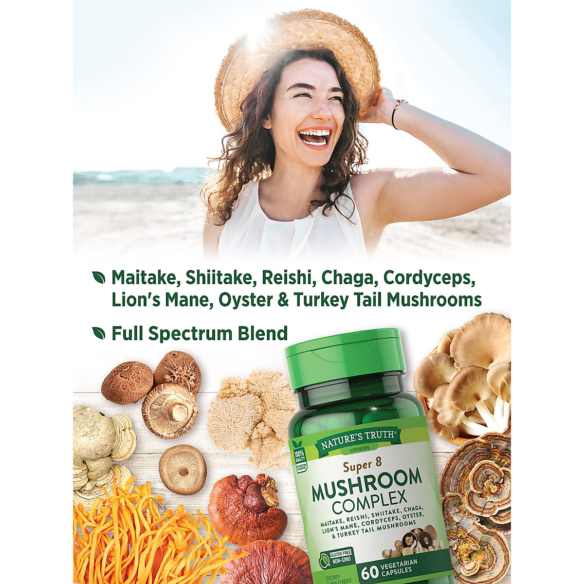 Nature's Truth Mushroom Complex Capsules | 60 Count | Full Spectrum Complex of Super 8 Mushrooms | Non-GMO, Gluten Free Supplement