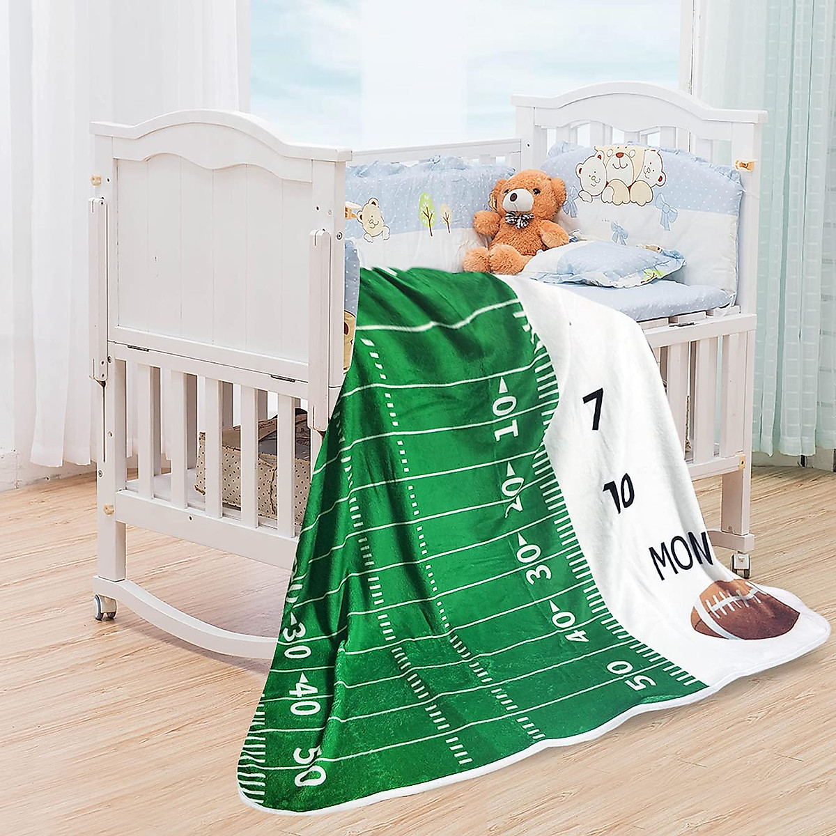Tebaby Baby Monthly Milestone Blanket Boy - Newborn Month Blanket Unisex Neutral Personalized Shower Gift Football Sports Nursery Decor Photography Background Prop with Frame Large 51''x40''