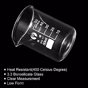 PATIKIL 3Pcs 50ml Low Form Glass Beaker, 3.3 Borosilicate Glass Graduated Printed Scale Measuring Cups with Spout for Kitchen Lab Liquids
