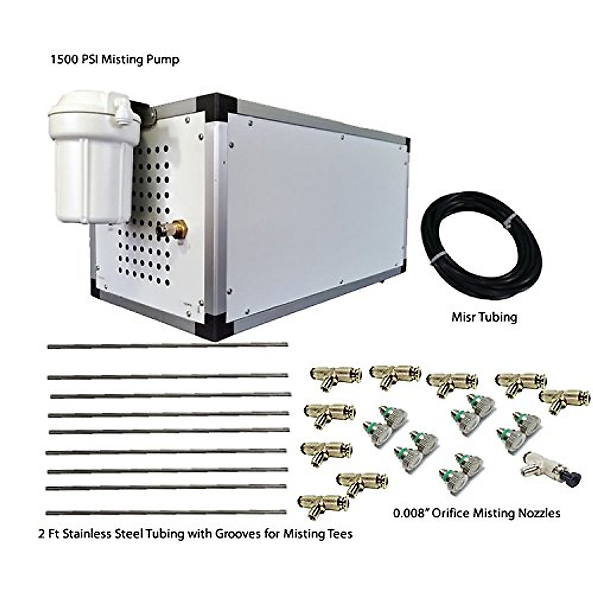 Mistcooling System - High pressure Misting System - Stainless Steel Tubing - 1500 PSI Misting Pump - DIY Misting System - Residential, Commercial & Industrial - (18 Ft Mist Line - 10 Nozzles)