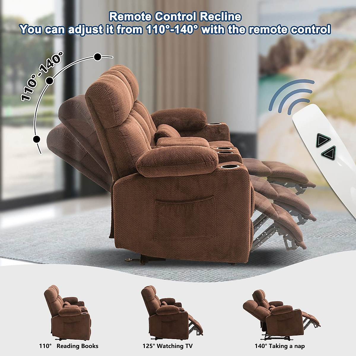 RIHEREFY 68'' RV Power Loveseat Recliner Sofa | Reclining Loveseat with Console & Cup Holder | Double Recliner Sofa | Theater Seating Loveseat with Heat and Massage (Fabric, Coffee)
