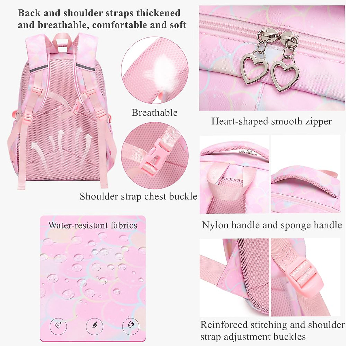 Armbq Mermaid Backpack for Girls 3Pcs Kids Backpack Cute School Bags Set With Lunch Box Fish Scale Teen Water Resistant Bookbag Durable Travel Bag