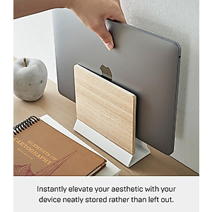 Yamazaki Home Rin Portable Laptop Holder Stand for Desk in Bedroom Or Office, Wooden Storage Station - Steel + Wood