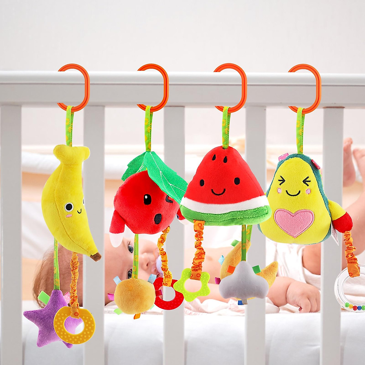 KAKIBLIN Baby Hanging Toys, 4 Pack Carseat Toys,Early Baby Cognitive Sensory Hanging Bassinet Toys,Soft Hanging Toys for Crib Stroller Baby Gym Mobile Plush Toys,Suitable for Babies 0-12 Months,Fruit