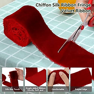 Red Velvet Ribbon, Chiffon Silk Ribbon Fringe Velvet Ribbon Christmas Velvet Ribbon Frayed Edges Ribbon Red Ribbons for Gift Wrapping Wedding Invitations Bridal Bouquets DIY Crafts (2.5in x 3 Yards)