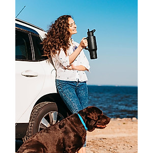 BUZIO Insulated Water Bottle with Handle & Flip Straw, 40oz Metal Travel Tumbler Fits in Cup Holders, Dishwasher Safe Leakproof Reusable Sport Mug, Gift for Women & Men, Keep Cold for 48hrs, Black