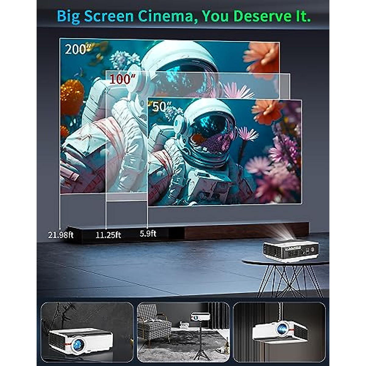Native 1080P Full HD Video Projector for Outdoor Moives 200'' Display 9000 Lumens Wireless Bluetooth WiFi Projector Smart Home Theater Projector Gaming,Zoomable,10W Speakers,iOS,Android,TV Stick
