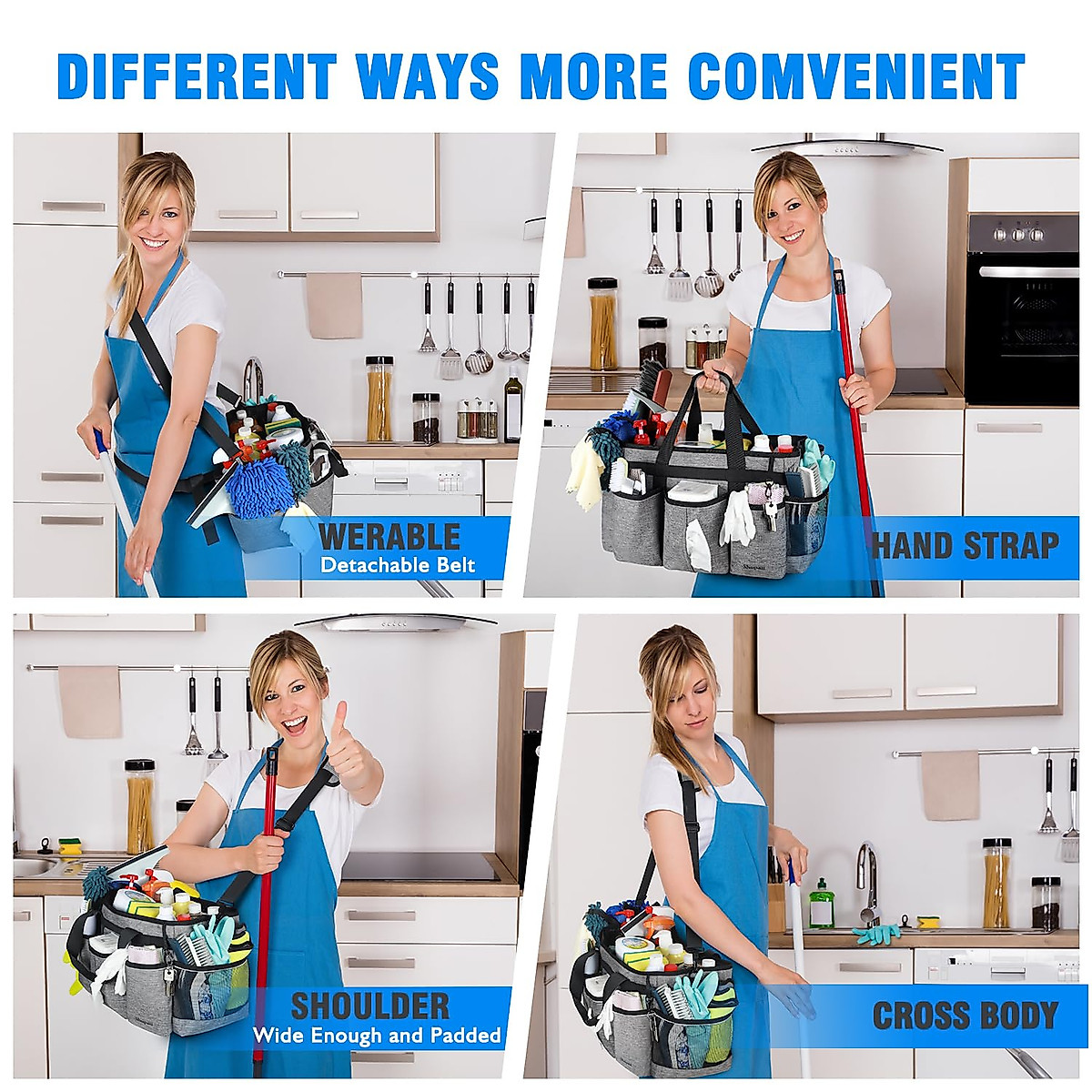 Large Wearable Cleaning Caddy Bag, Cleaning Caddy Supplies Organizer with Handles for Cleaners & Housekeeper, Under Sink & Car Cleaning Tool Organizers Bag with Adjustable Shoulder Strap&Waist Belt