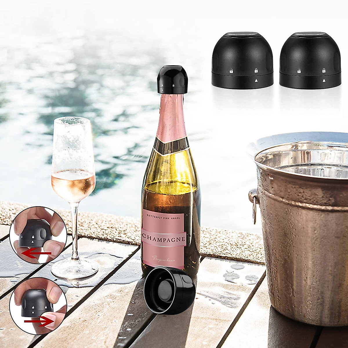 FMLBRDS Champagne Stopper Wine Bottle Stopper plug Reusable Plastic Leak Proof Seal Champagne Saver for Champagne,Cava,Prosecco&Sparkling Wine 2 Pack Black