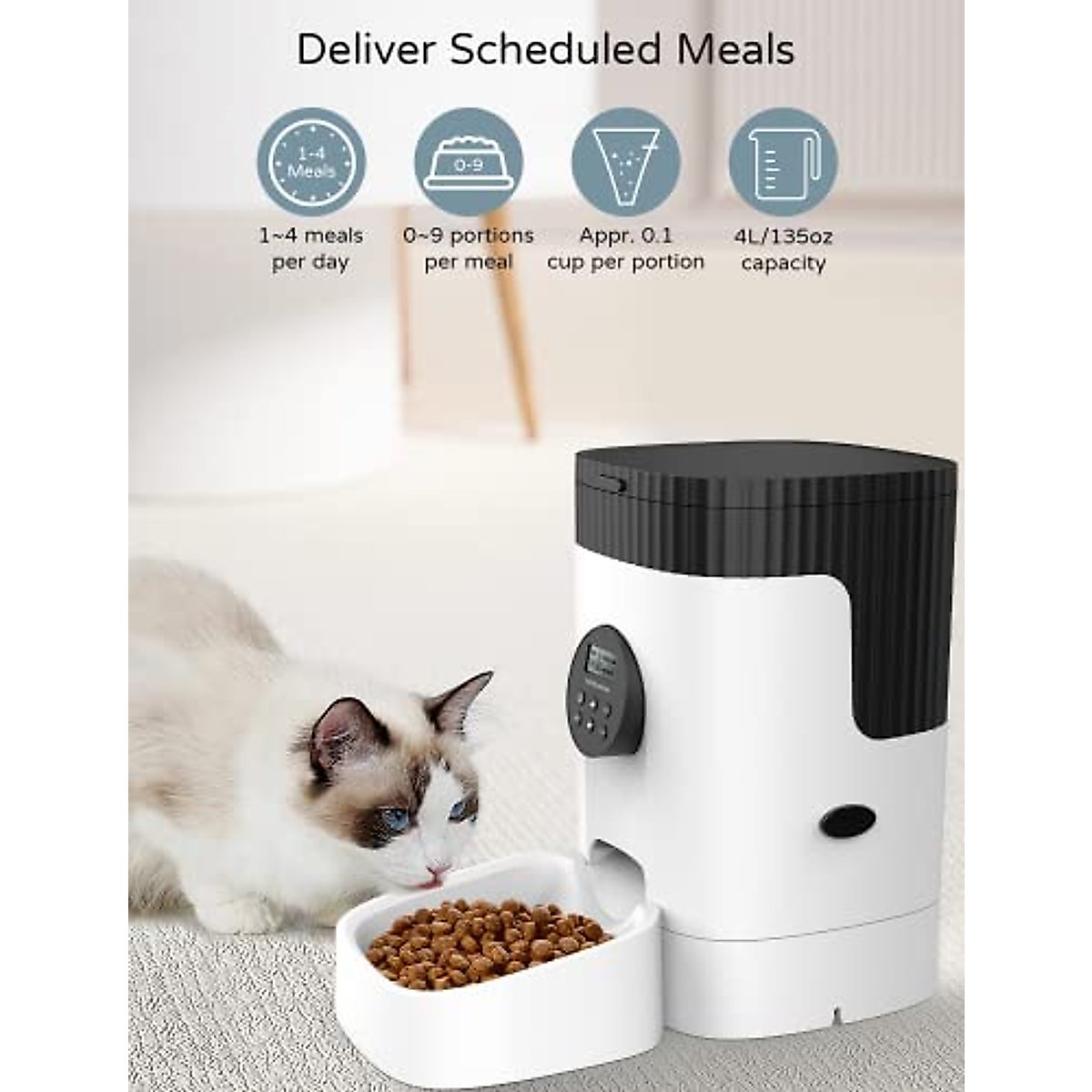 SHANDII Automatic Cat Feeder, 4L Programmable Pet Food Dispenser with Timer and Portion Control, 1-4 Meals per Day, Button-Lock Lid with Desiccant Bag, 10s Voice Recorder, BF40