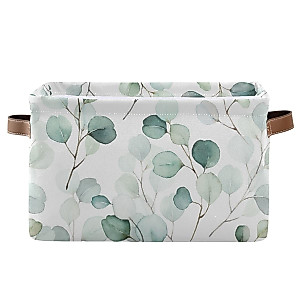 Wamika Leaves Flowers Storage Basket, Green and White Boho Botanical Foldable Storage Bins, 16x12x8 Inches, Durable Canvas Material, Easy to Clean, Collapsible for Space-Saving Storage