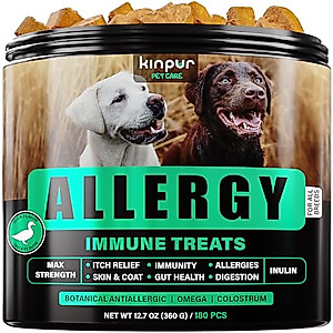 Natural Dog Allergy Chews with Omega, Probiotics, Apple Cider Vinegar - Dog Allergy Relief Supplement - Helps with Hot Spots, Itchy Skin, Seasonal and Food Dog Allergies - 180 Allergy Chews for Dogs