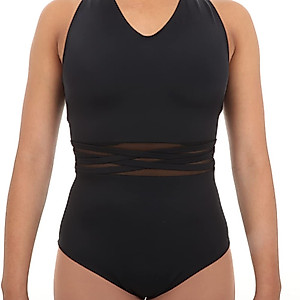 Alexandra Collection V-Neck Mesh Panel Cut Out Wide Strap Back Leotard for Women