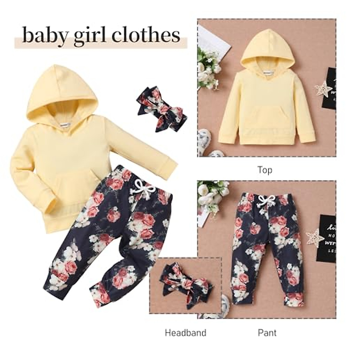 Baby Girl Clothes Long Sleeve Hoodie Sweatshirt Floral Pants with Headband Outfit Sets (Yellow&Floral, 18-24 Months)
