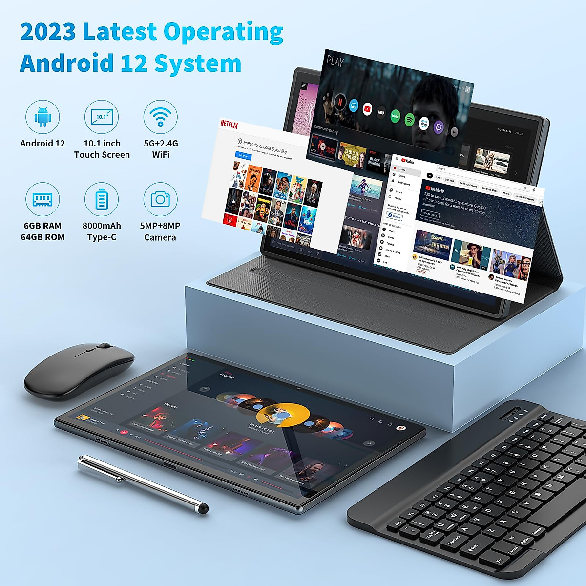 Android Tablet 2 in 1 Tablet, 10 inch Android 12 Tablet 6GB+64GB with Keyboard, Tablets with Case Mouse Stylus,512GB Expandable Dual Camera, WiFi, Bluetooth, GMS Certified Tablet PC(Silver)