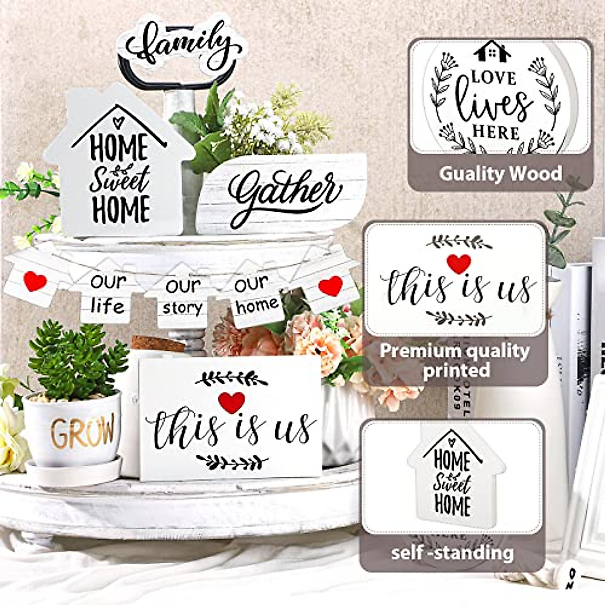 10 Pieces Farmhouse Tiered Tray Decor Wooden Rustic Decorations Home Sweet Home Family Gather Love Wood Block Our Life Our Story Table Signs for Farmhouse Home Kitchen Shelf Coffee(Classic)