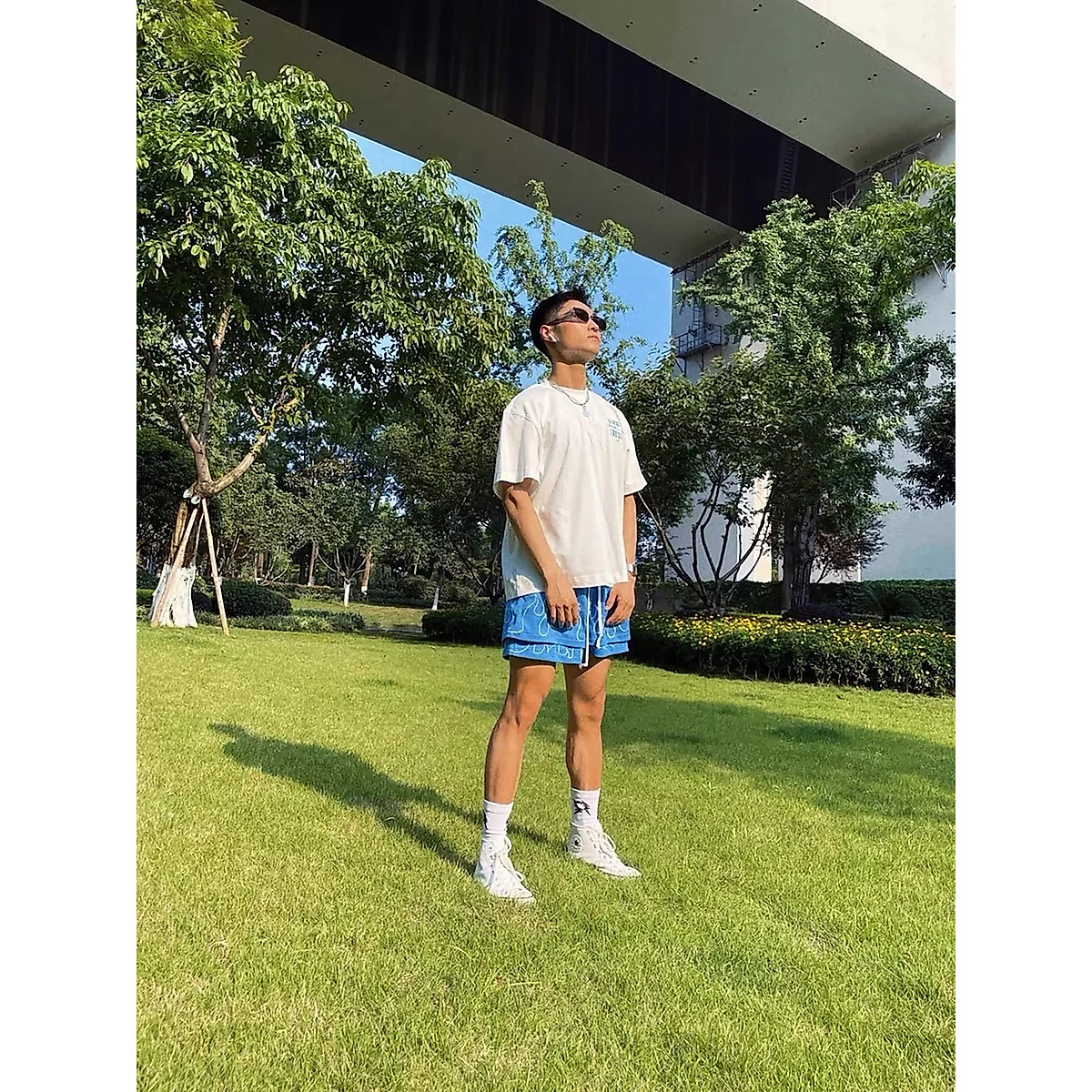 BOOMLEMON Men's Basketball Shorts Gym Workout Athletic Running Shorts Mesh Graphic Print Casual Short Pants(Blue L)