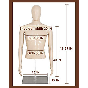 Male Mannequin Torso Dress Form Sewing Manikin 42-59 Inch Height Adjustable Dress Model Mannequin Display Head Dress Mannequin Clothing Form Metal Base Stand