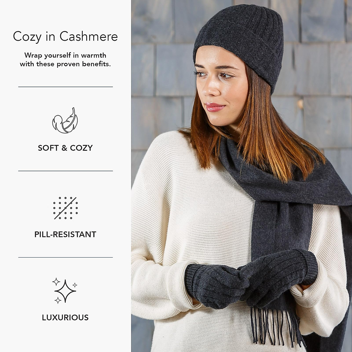 Fishers Finery Women's 100% Cashmere Hat Glove Scarf Set; Exquisite Box (Charcoal)