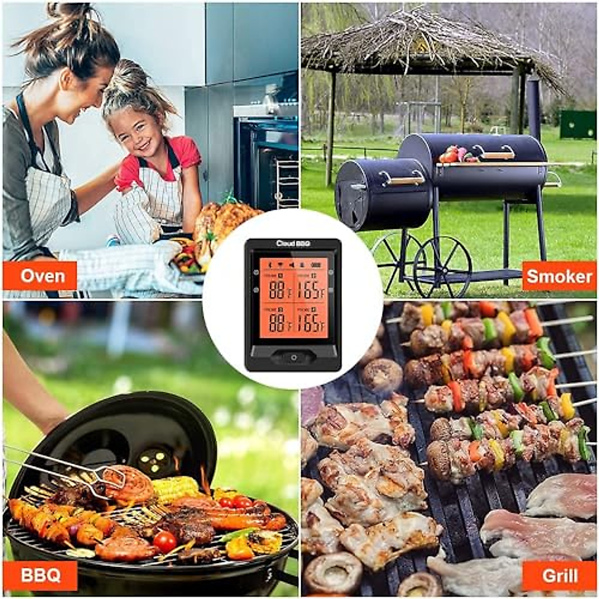 Cloud BBQ 500FT Wireless Meat Thermometer, Smart Rechargeable BBQ Thermometer with Four Probes, Bluetooth Meat Thermometer for Somker, Oven,Grilling, Cooking Turkey Fish Beef (FS-66)