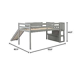 ODC Low Loft Bed with Slide and Storage Shelves, Solid Wood Twin Size Loft Bed Frame with Storage Stairs, Safety Guardrails for Toddlers, Kids Teens, No Box Spring Needed