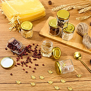 Nuogo 100 Set 1.5 oz Mini Hexagon Glass Honey Jars Small Honey Jars with Bee Pendants, Twine, Golden Gift Bags, Honey Jars with Gold Lids Glasses Canning Jars for Baby Shower, Wedding Favors