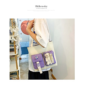 DACHAIHU Kawaii Backpack 5Pcs Set Aesthetic School Bags 17in Cute Bookbag with Badge&Pendant,Shoulder Bag,Pencil Box,Tote Bag,Small Bag Purple