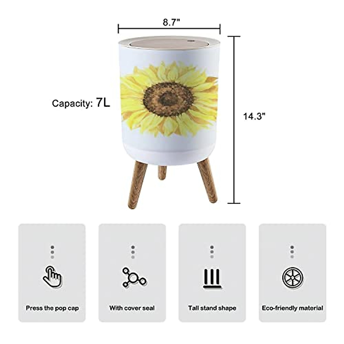 Watercolor Sunflower Inspirational Art Trash Can White Yellow Garden Round Farmhouse Garbage Bin with Lid Press Cover Wastebasket for Bedroom Kitchen Living Room Dorm 7L/1.8 Gallon
