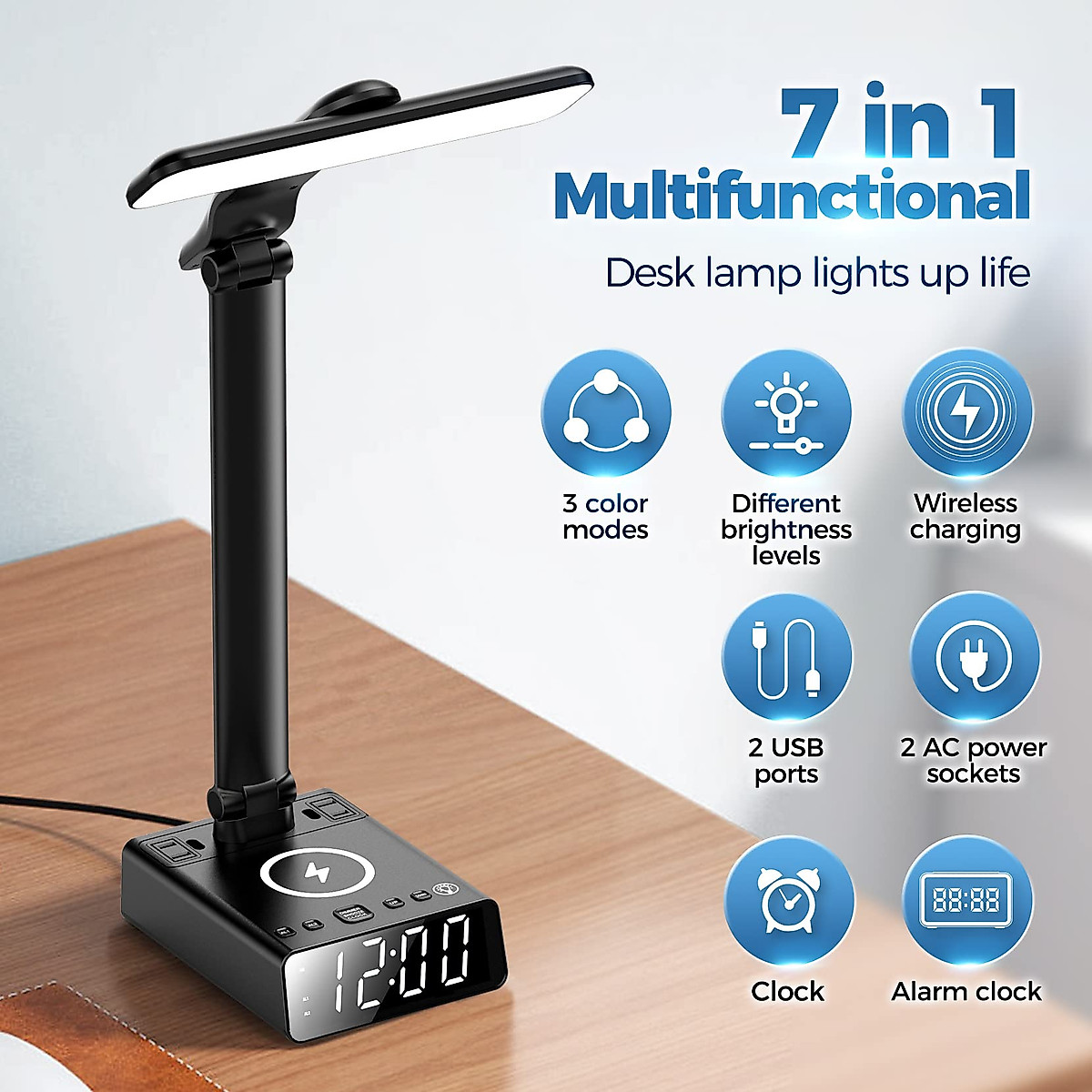 Docusvect LED Desk Lamp with 2 USB Charging Ports and 2 AC Outlets, 3 Lighting Modes × Stepless Dimming LED Desk Lamp with 15W Wireless Charger, Digital Alarm Clock for Home Office & College Dorm Room