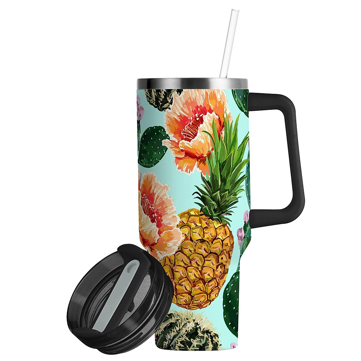 Yasala Car Tumbler with Handle Cactus Pineapple Travel Mug Coffee Cup Insulated Beverage Container Mega Cup for Hot Cold Drinking Thermos Water Bottle Cupholder Friendly 40 oz
