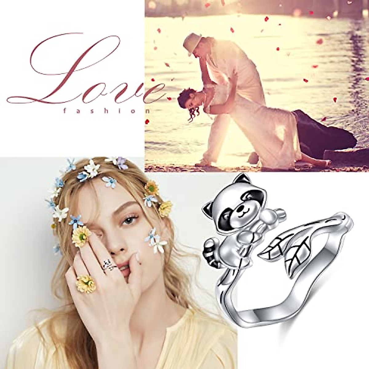 925 Sterling Silver Raccoon Ring Thumb Ring Adjustable Open Ring for Women Size 6 7 8 9 Jewelry