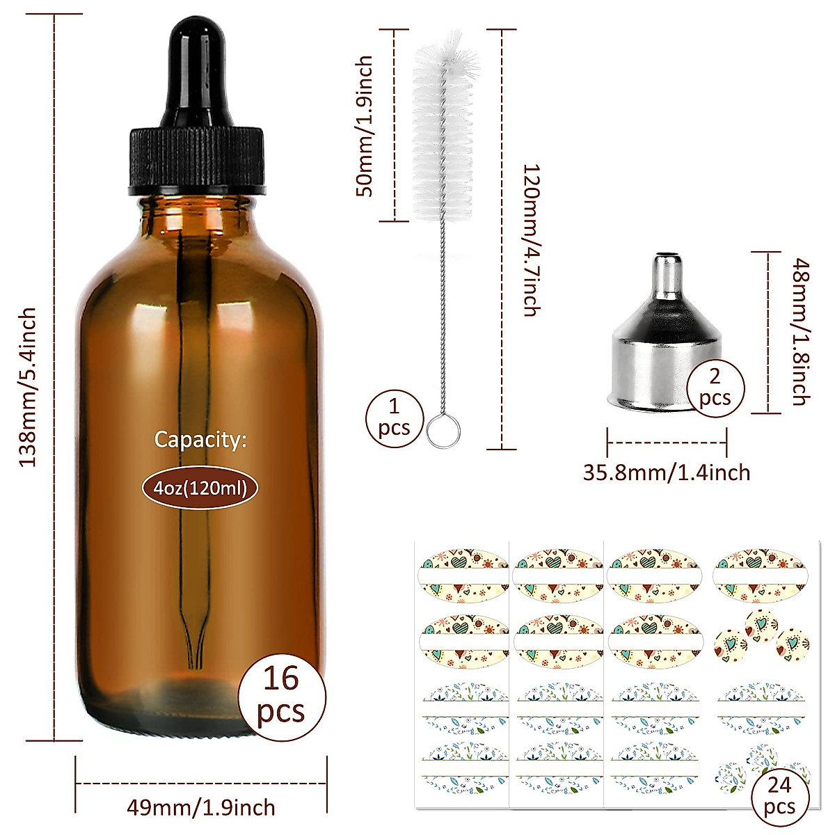 CycleMore 16 Pack (120 ml) 4 oz Amber Glass Boston Bottles with Glass Eye Droppers, Glass Dropper Bottles for Essential Oils & Lab Chemicals & More Liquids Ideal for Mom & Friends
