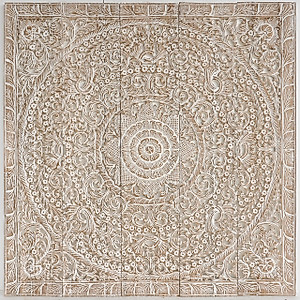 Hand Carved Flower Wood Carving Queen Size Bed Headboard Wall Mounted Sculpture 60 inches