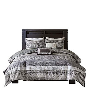 Madison Park Quilt Set Luxurious Jacquard Stripes Design - All Season, Coverlet Bedspread Lightweight Bedding Layer, Shams, Decorative Pillow, Full/Queen(90"x90"), Chevron Grey/Taupe 6 Piece