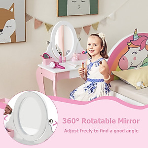 INFANS Kids Vanity with 360° Rotating Mirror and Drawing Board, 2 in 1 Princess Makeup Dressing Table and Stool with Accessories, Drawers, Wooden Play Vanity Set for Little Girls