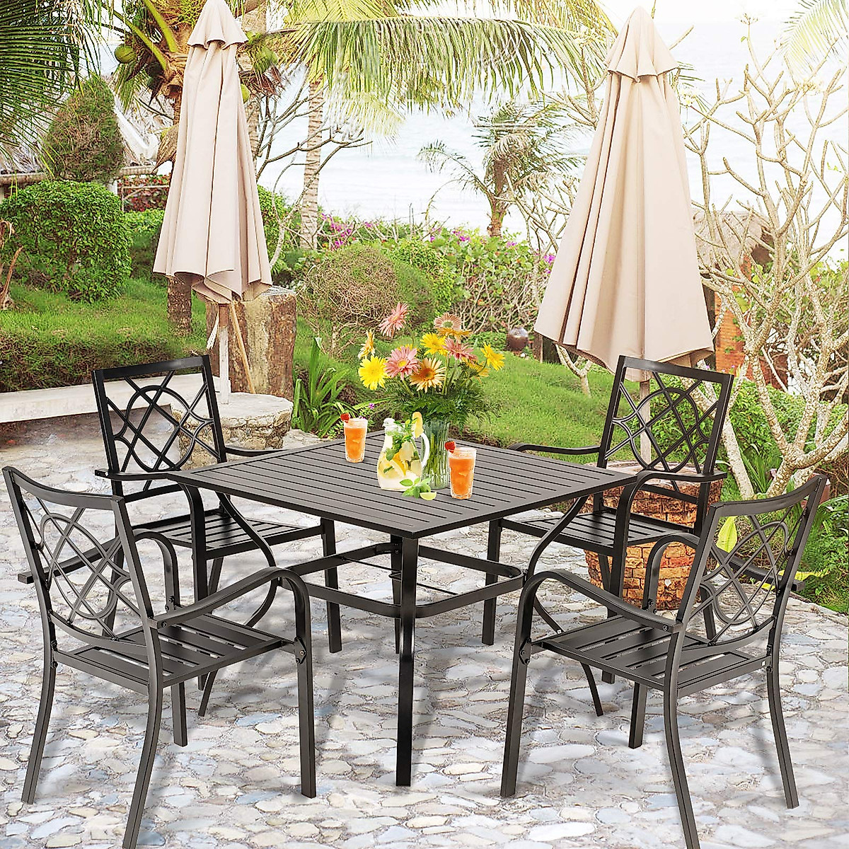 Patiomore 4 Piece Outdoor Dining Chairs 300 lbs Patio Bistro Chairs Stackable Wrought Iron Chairs with Armrest for Garden, Backyard, Balcony