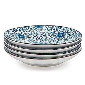 Foraineam Set of 4 Blue and White Porcelain Serving Plates Floral Dinner Shallow Plates Appetizer Salad Dessert Snack Plate Set