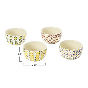 Creative Co-Op Hand-Stamped Stoneware Floral Patterns, Set of 4 Styles Bowl, Multicolored, 4