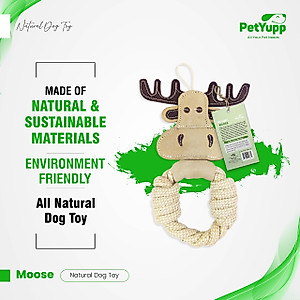 PetYupp Cotton & Jute Toss - Tug Dog Toy with Genuine Leather - for Teething Puppy, Dental Health, Aggressive Chewer, Tug-of-War Dog Toys and All Dog Sizes (Toss & Tug Dog Toy - Moose), Brown