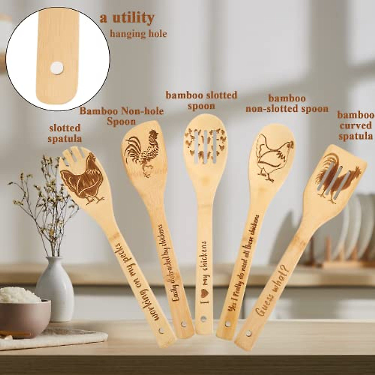 Rooster Wooden Spoons for Cooking, Chicken Kitchen Decor Pioneer Woman Kitchen Accessories, Rooster Decor for Kitchen farmhouse Wedding Mother's Day Decorations - Funny Chicken Gifts
