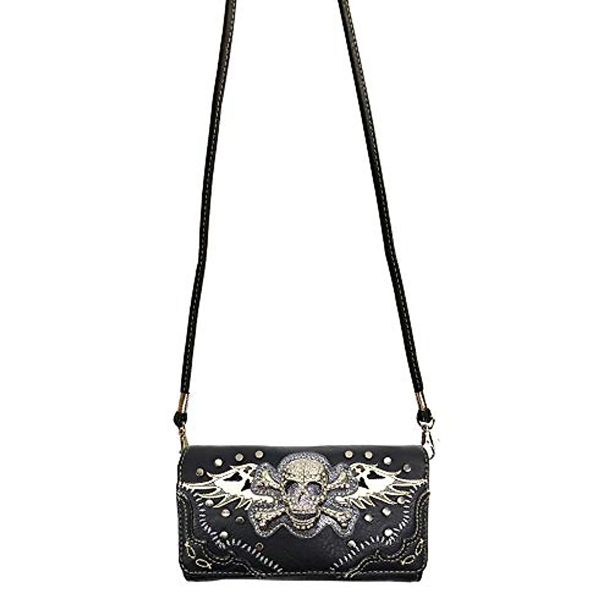 Zelris Skull Crossbones Angel Wings Heart Women Crossbody Trifold Wallet (Black)