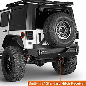 Hooke Road Offroad Rear Bumper with Spare Tire Carrier for 2007-2018 Jeep Wrangler JK & Unlimited 2/4 Doors, Built-in Hitch Receiver & LED Lights & D-rings