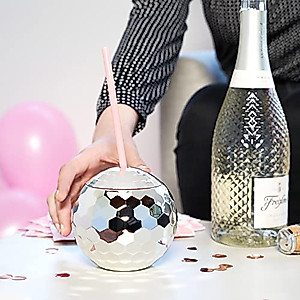 Blush Silver Disco Ball Cup with Straws for Parties - 16 Ounce Cute Sparkly Glitter Cocktail Disco Ball Drink Tumbler, Party Supplies